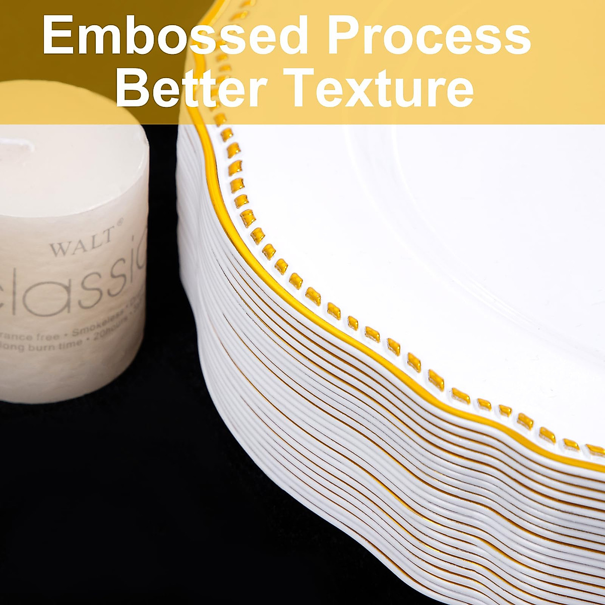 Hioasis 60pcs Gold Plastic Plates - White and Gold Trim Disposable Plates - 10.25 inch Gold Disposable Dinner Plates Perfect for Wedding & Party