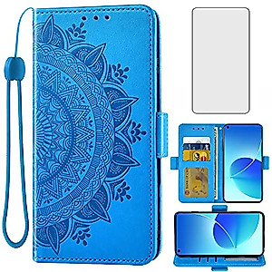 Asuwish Compatible with Oppo Reno 6 5G Wallet Case and Tempered Glass Screen Protector Credit Card Holder Flip Purse Accessories Wrist Strap Stand Folio Cell Phone Cover for Reno6 2021 Women Men Blue