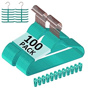 VECELO Premium Velvet Clothes Hangers Suit Heavy Duty (100 Pack)-Non Slip & Space-Saving with 12 Finger Clips & 2Tie Rack Excellent for Men and Women,Teal