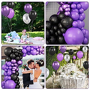 GREMAG Purple Balloon Garland Kit, 112 Pcs Black Purple Metallic Silver Balloon Arch Kits, 5 10 12 18 Inch Latex Balloons for Graduation Decorations Birthday Party Anniversary Backdrop Halloween
