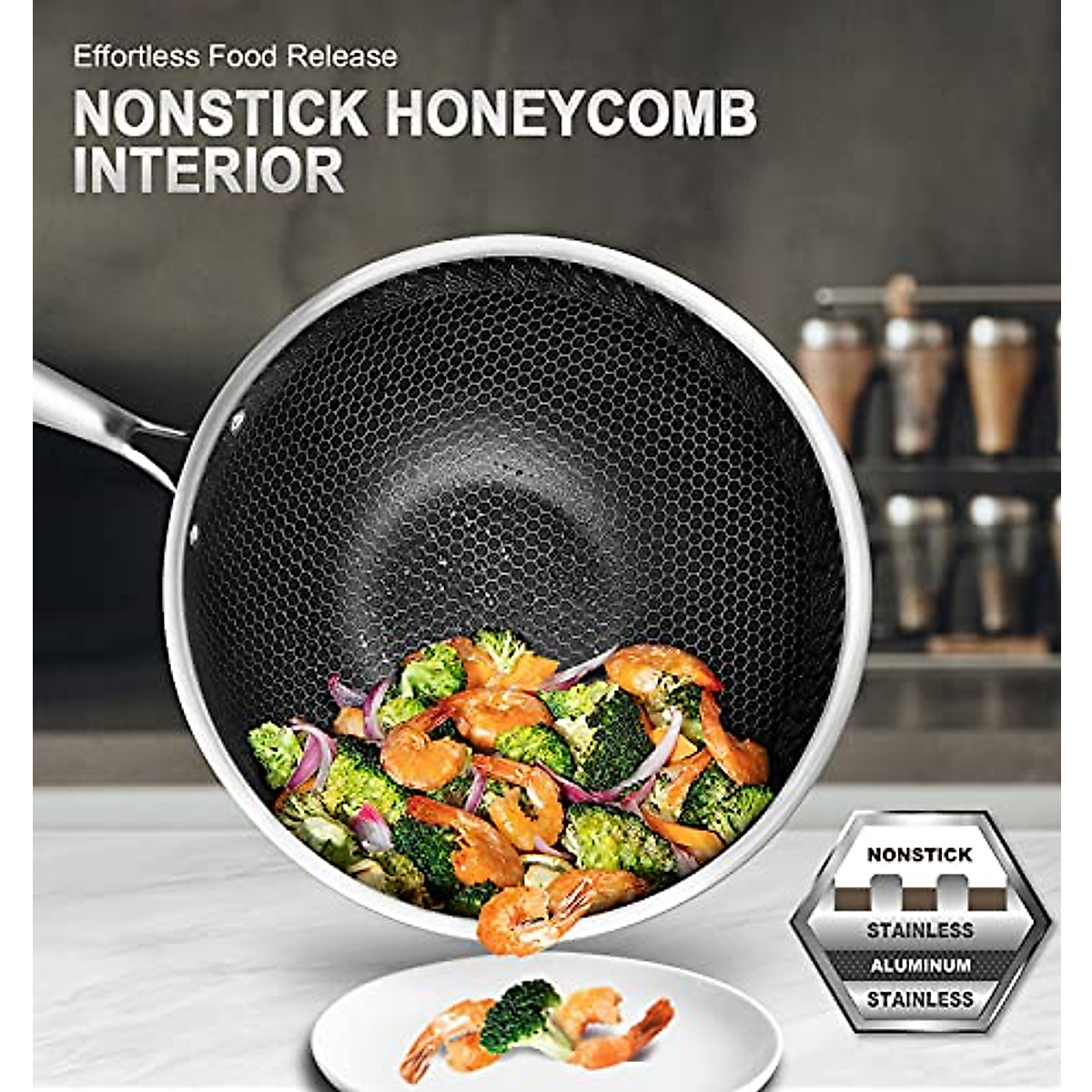 MICHELANGELO Wok Pan with Lid, 12 Inch Stainless Steel Wok Set with Spider Strainer and Steaming Rack, Honeycomb Woks & Stir-fry Pans Flat Bottom Wok Induction Compatible, Dishwasher and Oven Safe