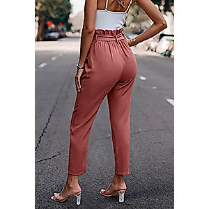 PRETTYGARDEN Women's Casual Long Pants High Waist Belted Paper Bag Work Pant Trousers with Pockets (Brick Red,Small)