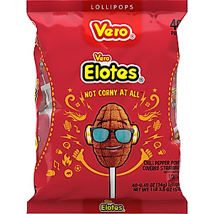 Vero Elotes Strawberry Lollipops Coated with Chili Powder, Hot and Sweet Candy Treat, Artificially Flavored, Net Wt. 19.7 Ounces, 40 Count Bag