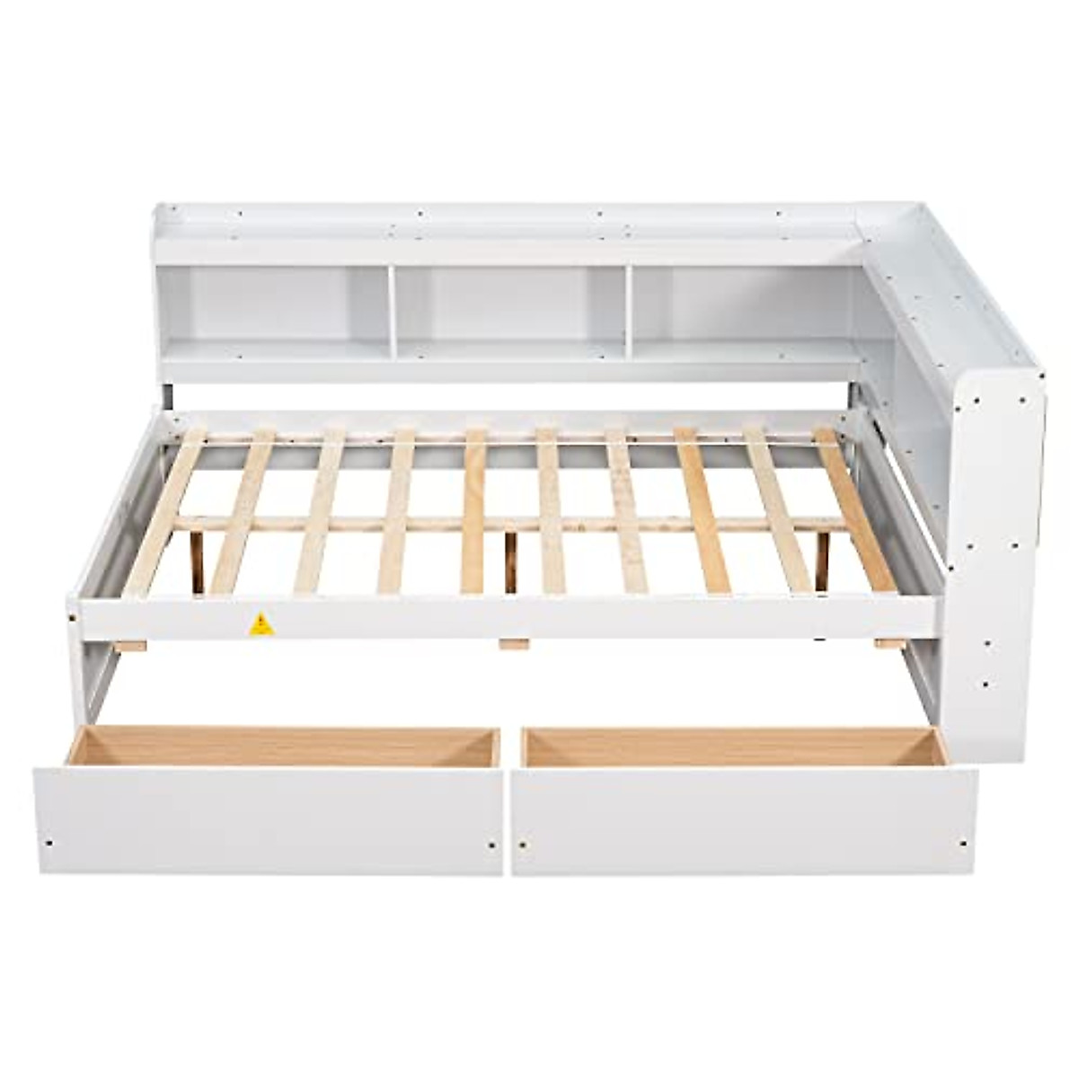 DEINPPA Full Size Platform Bed with L-Shaped Bookcase and 2 Drawers, Wooden Captain Bed Frame with Bookcase Headboard for Kids Teens Adult Boys Girls, No Box Spring Needed, White