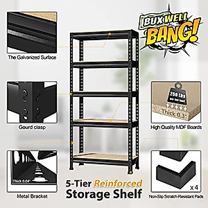 BuxWellBang 5-Shelf Heavy Duty Shelving - Adjustable Garage Storage Shelves, Metal Utility Storage Racks for Warehouse Pantry Basement Kitchen, Garage Organizers Shelf Unit, Black