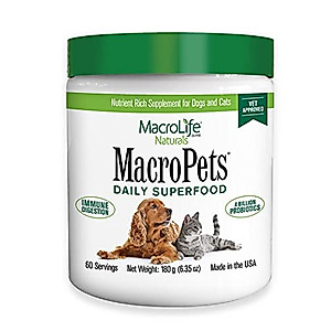 MacroLife Naturals MacroPets Greens Superfood Supplement Powder Topper for Dog Cat Small Mammal, Natural Nutrition Boost Probiotics Digestive Enzymes Vitamin E - Immune Gut Health & Energy - 6.35oz