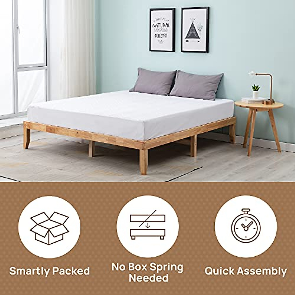 wonline Wood Platform Bed Frame Solid Wood Foundation No Box Spring Needed Wooden Slat Support Oak Wood Natural Finish Home Bedroom Furniture Platform Base