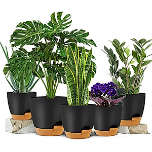 GARDIFE Plant Pots 7/6.5/6/5.5/5 Inch Self Watering Planters with Drainage Hole, Plastic Flower Pots, Nursery Planting Pot for All House Plants, Succulents,Snake Plant, African Violet, Flowers,Black