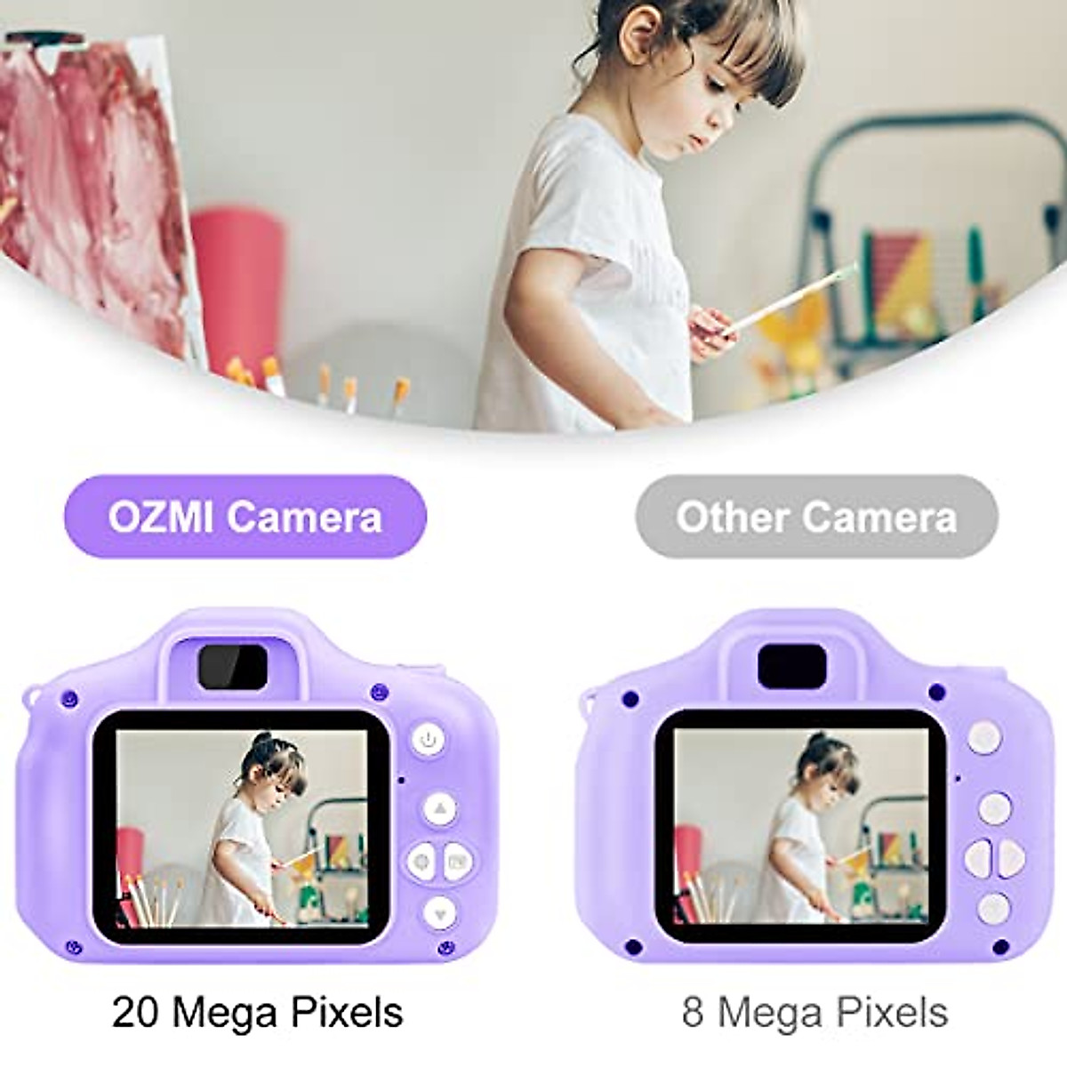 OZMI Upgrade Kids Selfie Camera, Christmas Birthday Gifts for Girls Age 3-9, HD Digital Video Cameras for Toddler, Portable Toy for 3 4 5 6 7 8 9 Year Old Girl with 32GB SD Card - Purple