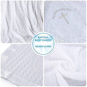 Booulfi Baby Blanket Newborn Unisex White Baby Blanket Shawl Knitted Nursing Cover Baby Summer Autumn Winter Baptism Christening Blanket with Embroidered Cross