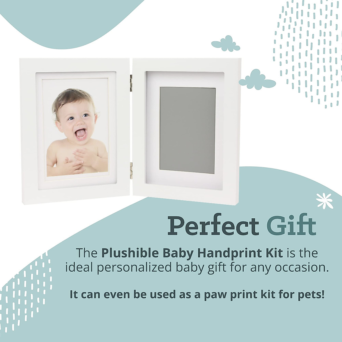 PLUSHIBLE Baby Handprint Footprint Keepsake Kit – Personalized Casting Kit with Picture Frame, Ideal for New Moms, Grandmas, and Baby Registries, White Hinge Frame