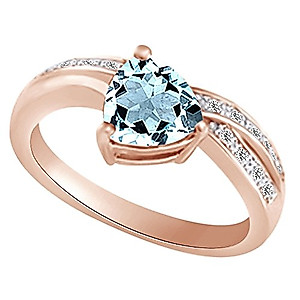 AFFY 1.38 cttw Simulated Blue Aquamarine & White Natural Diamond Promise Engagement Wedding Ring in 14K Solid Rose Gold with, Ring Size 8