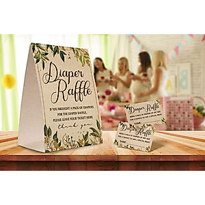 Kraft Paper Diaper Raffle Sign,Diaper Raffle Baby Shower Game Kit (1 Standing Sign + 50 Guessing Cards),Greenery Raffle Insert Ticket,Card for Baby Shower Game to Bring a Pack of Diapers-NPZ01
