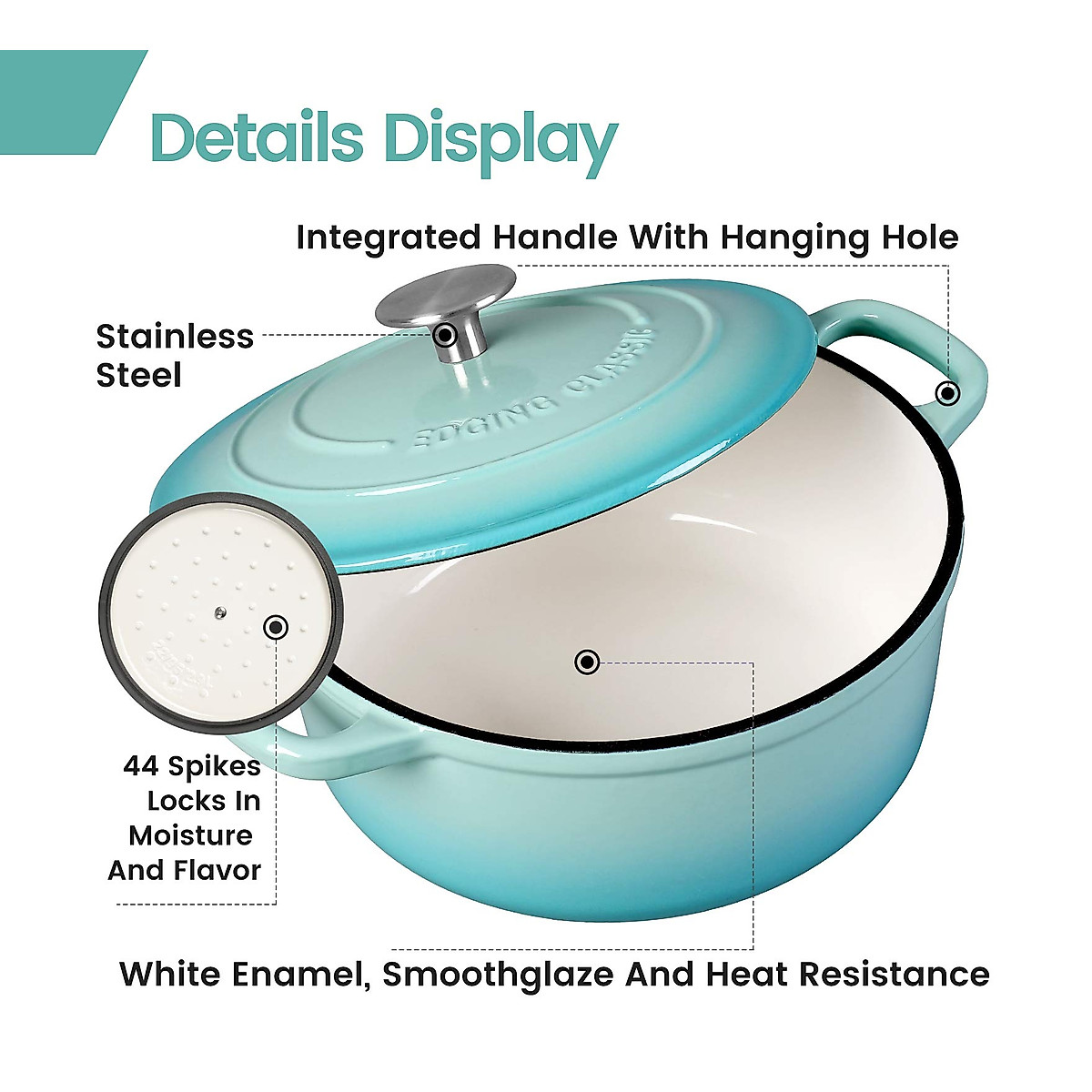 EDGING CASTING Enameled Cast Iron Covered 5.5 Quart Dutch Oven with Dual Handle for Bread Baking, Dutch Ovens with Lid, Peacock Blue