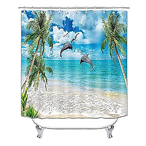 AKvsoze 4PCS Set Tropical Ocean Beach Dolphin Shower Curtain, Teal Sea Blue Sky White Clouds Seagull Green Palm Leaf Seaside Island Scenery Marine Life Bathroom Decor, Non-slip Bath Rugs, Coconut Tree