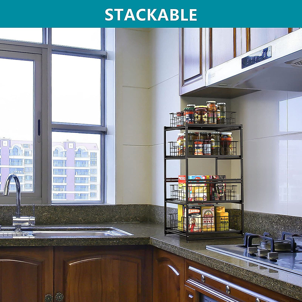 FavoThings Stackable 2-Tier Kitchen Cabinet Organizer Extra Wide Under Sink Organizer Rack with Sliding Storage Basket Drawers, Black