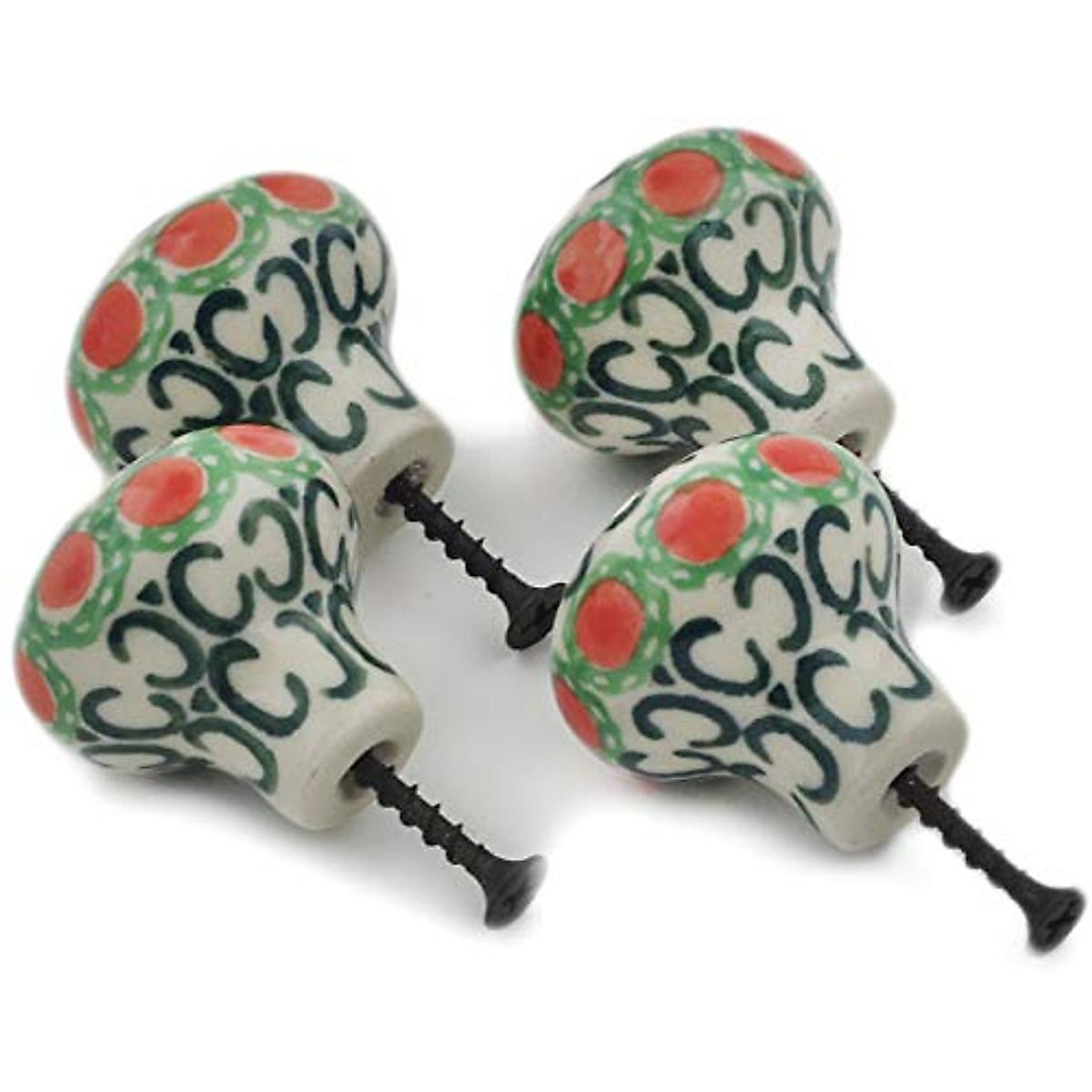 Polish Pottery Set of 4 Drawer Pull Knobs 1-1/2 inch Made by Ceramika Artystyczna (Indian Trail Theme) + Certificate of Authenticity