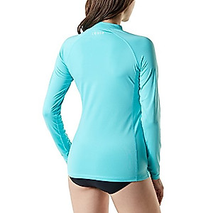 TSLA Women's Long Sleeve Rash Guard, UPF 50+ Water Beach Surf Swim Shirts, UV/Sun Protection Swim Top, Coastal Tide Print Aqua, Small