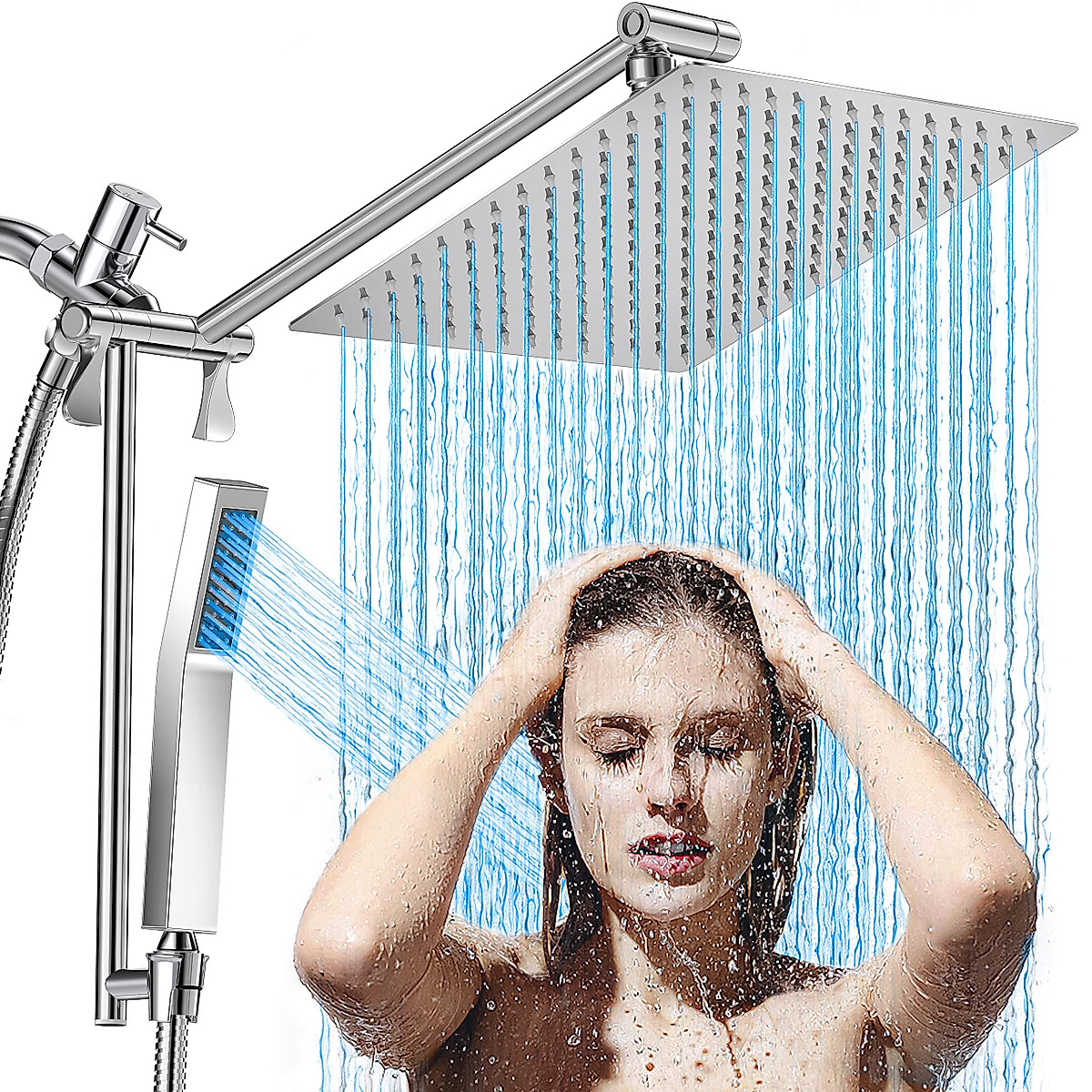 Shower Head with Handheld, MUFECO 8'' All Metal Rain Shower Head High Pressure Dual Square Shower Head Combo with Adjustable Extension Arm and 3 Spray Settings Anti-leak with Holder/Hose