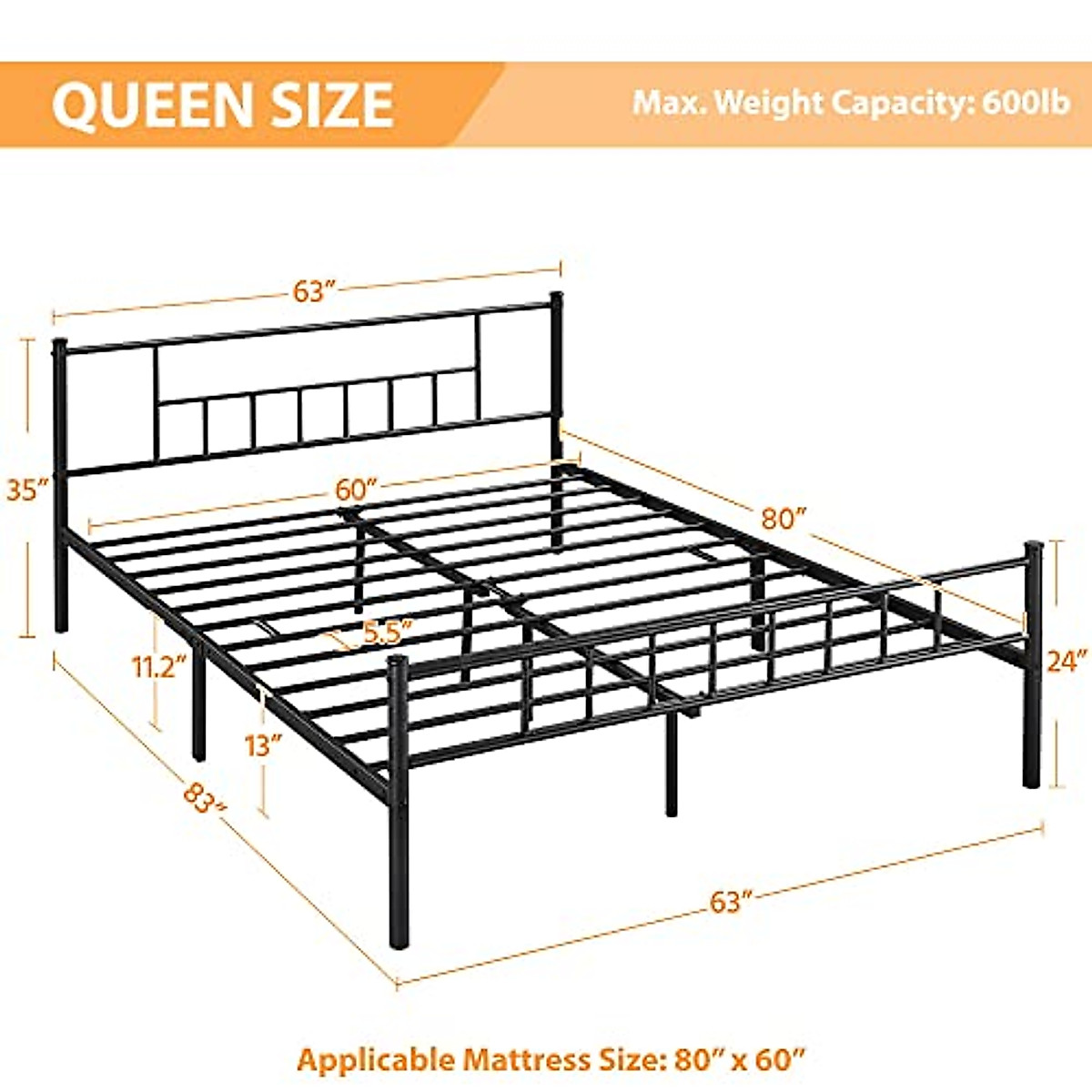 Yaheetech 13 inch Queen Size Metal Bed Frame with Headboard and Footboard Platform Bed Frame with Storage No Box Spring Needed Mattress Foundation for Adults Black