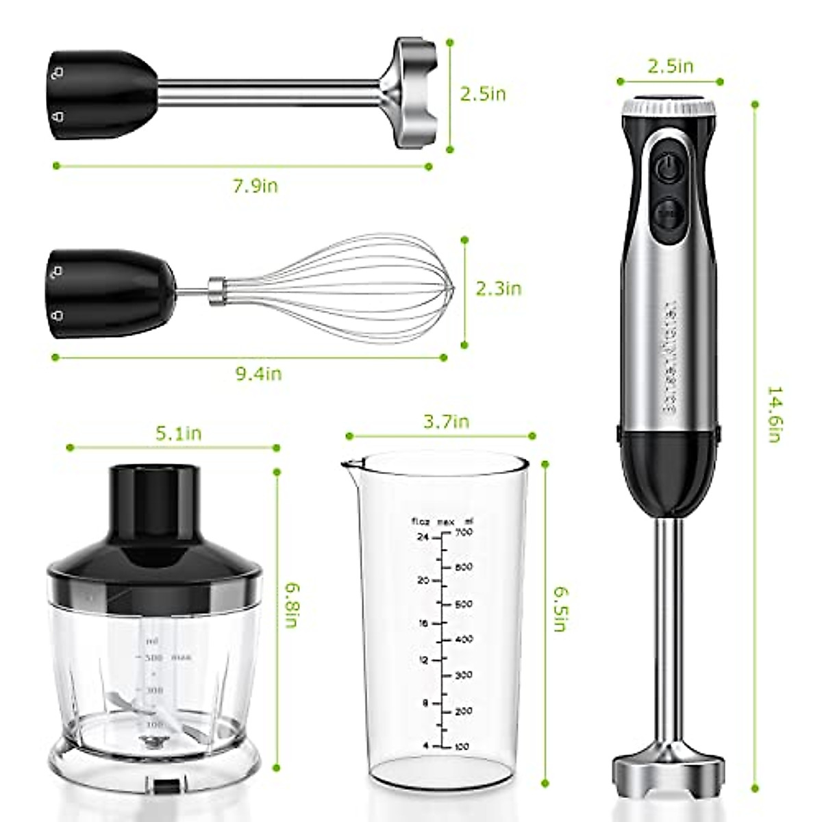 4-In-1 Hand Blender with Egg Whisk, 24oz Beaker & 17oz Chopper Bowl for Smoothies, Puree, Baby Food and Milk Frother Handheld for Coffee-Bundle