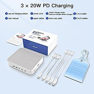 MSTJRY Fast Charging Station - USB C and USB A, 90W 5-Port PD Charger Station for Multiple Devices Apple Designed for iPad, iPhone 14 13 12 Series Galaxy Note 20 S21 S22 Tablet, Holder for Apple Watch