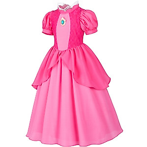 Pink Princess Dress for Girls, Kids Princess costume with Crown Gloves Wand Earrings 8-9 Years