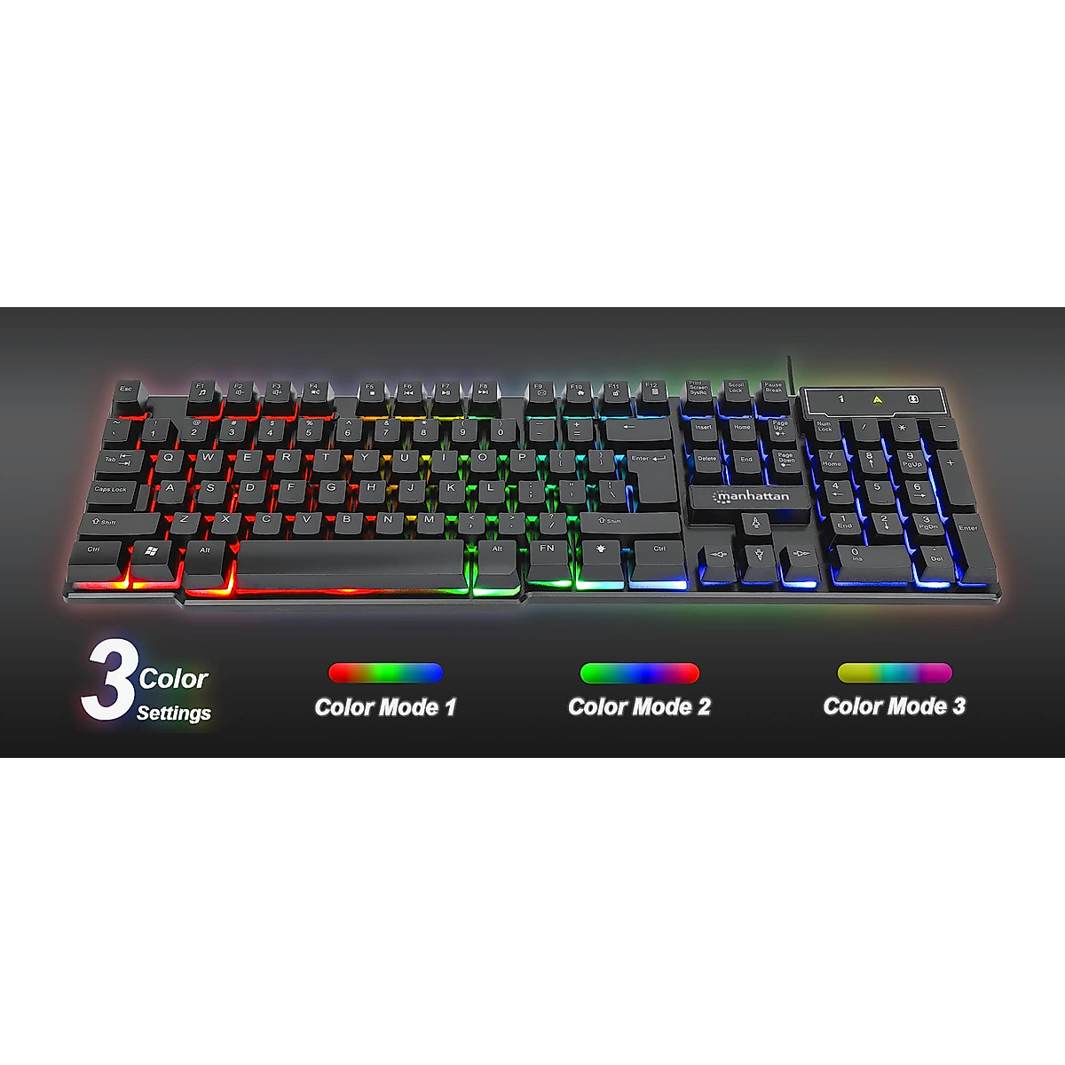 MANHATTAN Wired Membrane Gaming Keyboard – with Backlit RGB LED, USB-A Connection, Quiet Keystrokes, 12 Multimedia Function Keys - for Computer, PC, Desktop, Gamer – 3 Yr Mfg Warranty - 180603