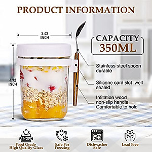 EOUOBOMO Overnight Oats Containers w. Lids and Spoons,Overnight Oats Mason Jars w.Airtight Lids for Milk,Oatmeal Glass Mason Jars w. Measurement Marks for Cereal On The Go Containers,12oz,Set of 4
