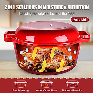 Red Enameled Dutch Oven Pot for Bread Baking, P&P CHEF 2 in 1 Round 5Qt Cast Iron Dutch Oven with Lid Set, Skillet & Pot for Roasting Braising Stewing Frying Simmering, Multi Stoves & Oven Safe