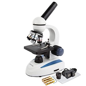 AmScope M158C-PS25-WM Cordless Compound Monocular Microscope, WF10x and WF25x Eyepieces, 40x-1000x Magnification, LED Illumination with Rheostat, Brightfield, Single-Lens Condenser, Coaxial Coarse and Fine Focus, Plain Stage, 110V or Battery-Powered, Incl