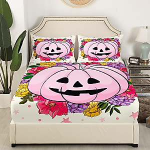 Pink Halloween Bed Sheet Set Full Size Pumpkin Lantern Fitted Sheet for Kids Boys Girls Flower Floral Bedding Set Trick or Treat Bed Cover Deep Pocket Bedroom Bed Set
