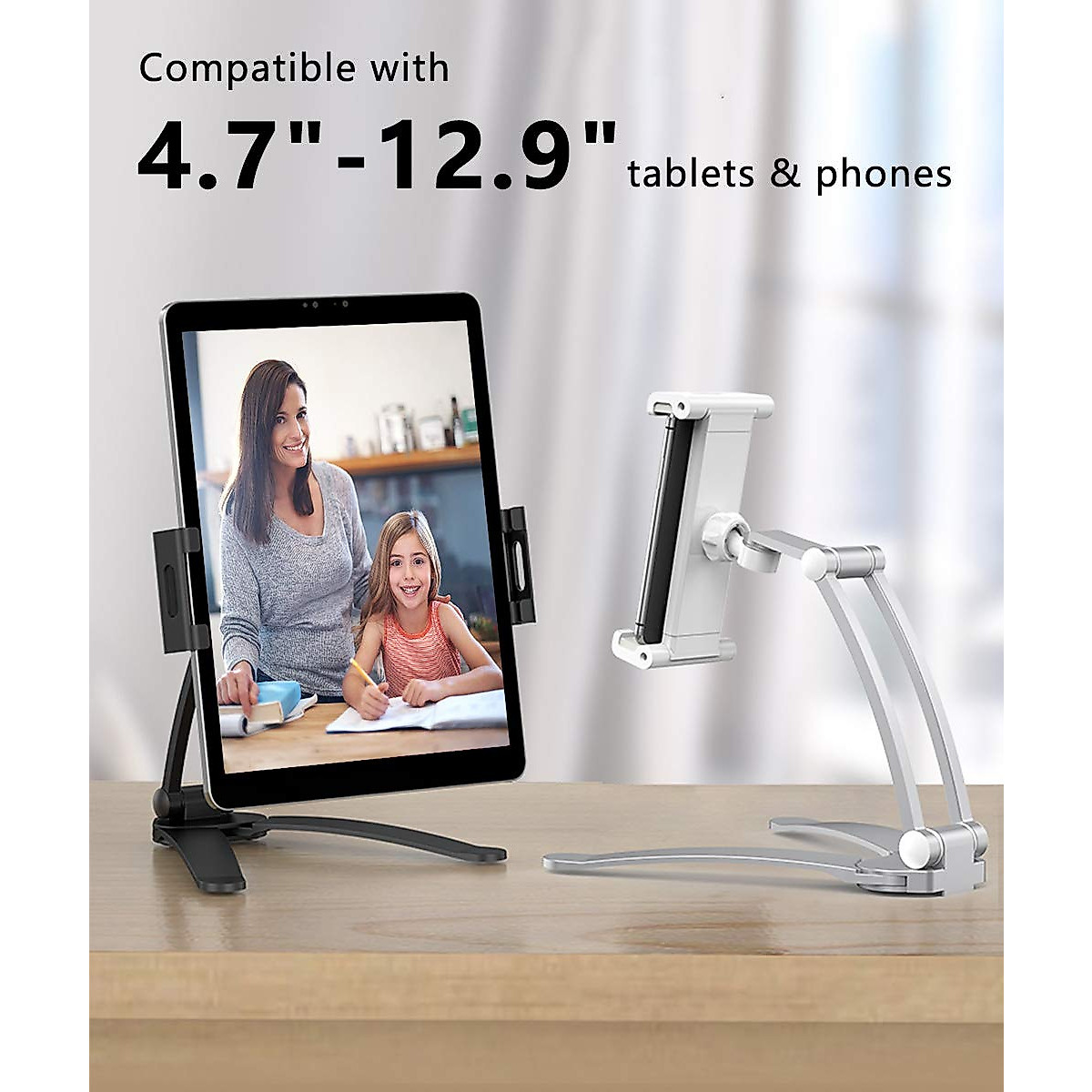 AYADA Kitchen Cabinet Tablet Holder, 2 in 1 Wall Mount Desktop Stand for ipad 12.9 Aluminum Alloy Metal Adjustable Multiangle Foldable Universal Phone Tablet Bracket Cooking Table Counter Top (Silver)