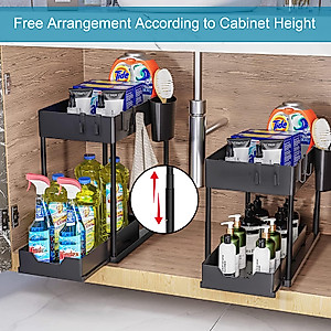 YIYUE Under Sink Storage, Adjustable Height Bathroom Kitchen Pull Out under Sink Organizer and Storage, 2 Tie Non - slip Sturdy Double Sliding Drawers Black