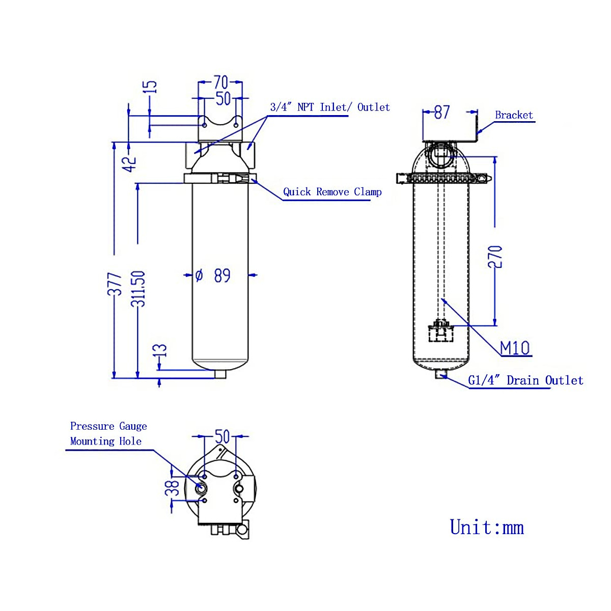 INTBUYING 304 Stainless Steel 10KG High Pressure Water Filter Housing for 10’’L cartridges Filter,3/4in NPT Inlet and Outlet with Bracket and Drain Valve Heavy Duty Water Filter System
