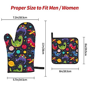 Cute Dinosaur in Space Oven Mitts and Pot Holders Heat Resistant Anti Scald for Kitchen Cooking Baking Grilling Sets of 3
