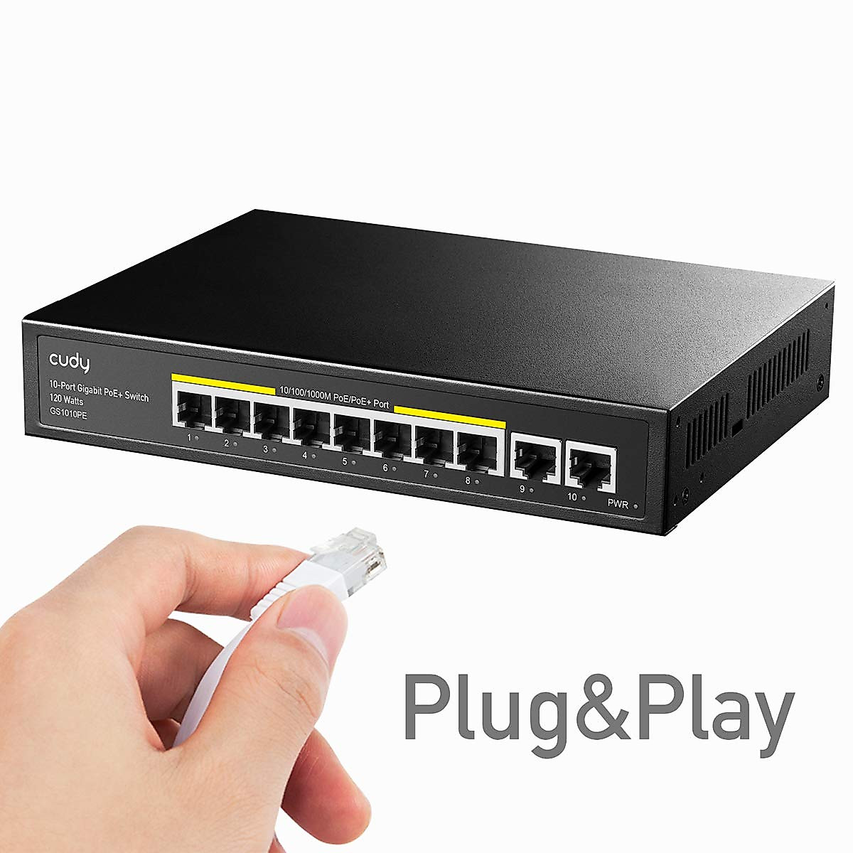 Cudy 8 Port Gigabit PoE Switch, 120 Watts PoE Budget, 8 10/100/1000Mbps PoE+ Ports, 2 Gigabit Uplink Ports , 802.3at, 802.3af, 1/2 (+), 3/6 (-), Fanless, Plug and Play, GS1010PE