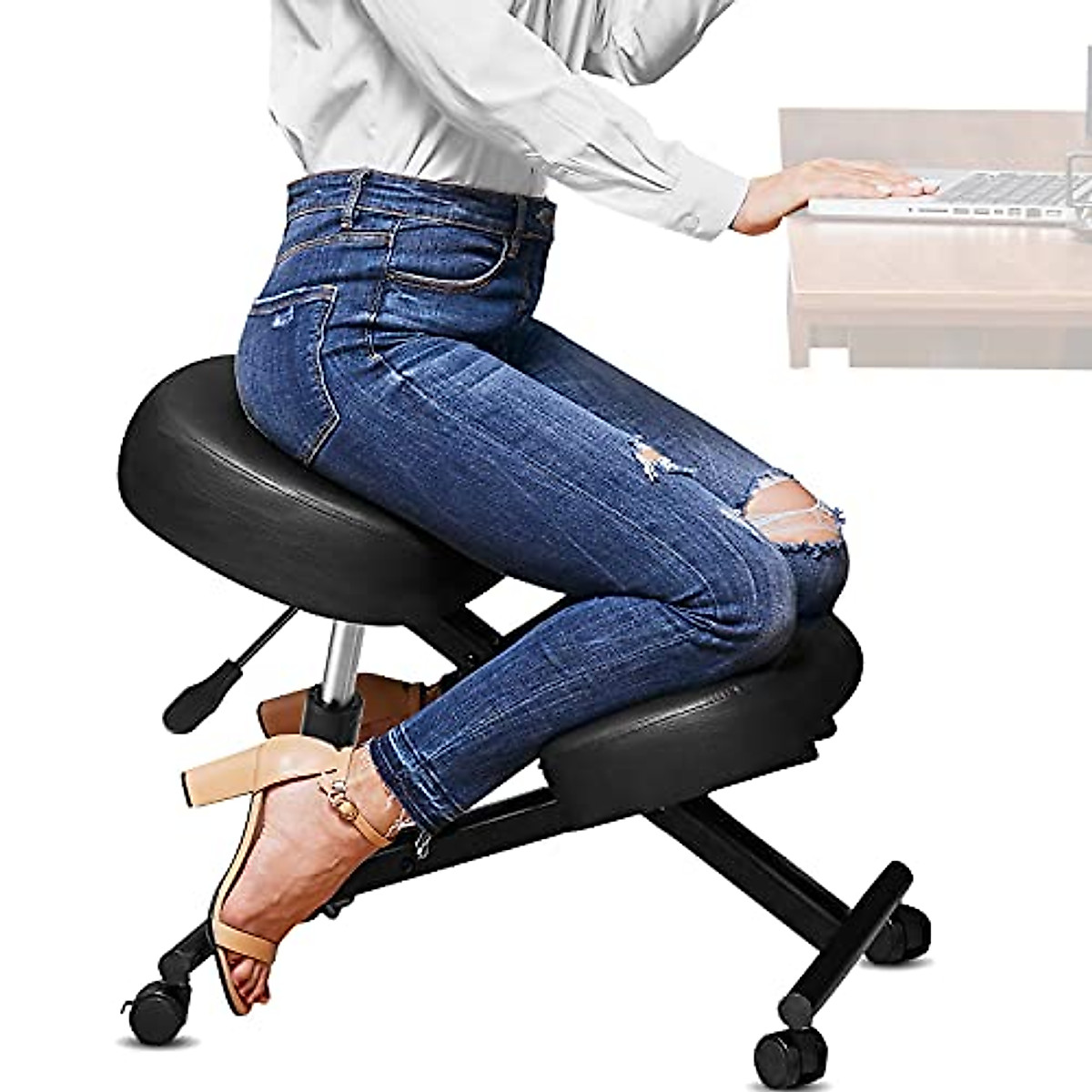 Ergonomic Kneeling Chair for Office, Height Adjustable Stool with Thick Foam Cushions for Home and Office, Angled Seat to Improve Posture - Relieve Neck & Back Pain, Upgraded Pneumatic Pump