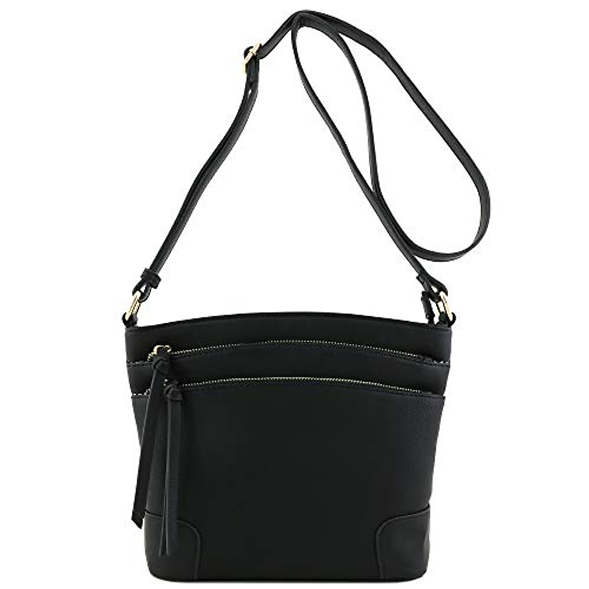 FashionPuzzle Triple Zipper Pocket Medium Crossbody Bag (Black)