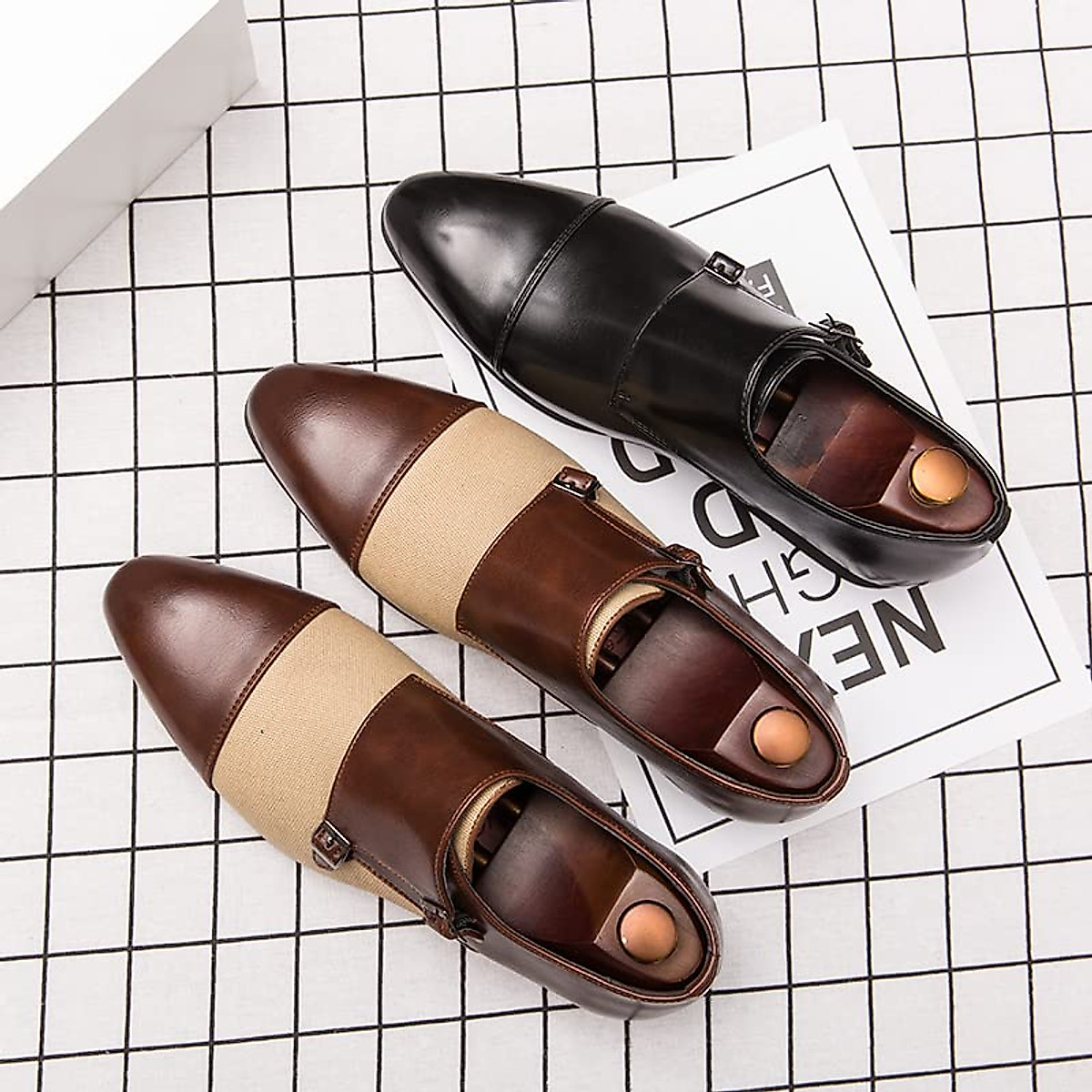 HuitJours Men Brown Double Monk Straps Slips on Dress Shoes Classic Loafers Two Tone Colors Buckle Shoes Zapatos de Vestir para Hombre