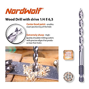 NordWolf 7-Piece HSS Brad Point Wood Drill Bit Set with 1/4" Hex Shank for Carpenter Woodworking, SAE Sizes 1/8"(x3)-3/16"(x2)-1/4"(x2)