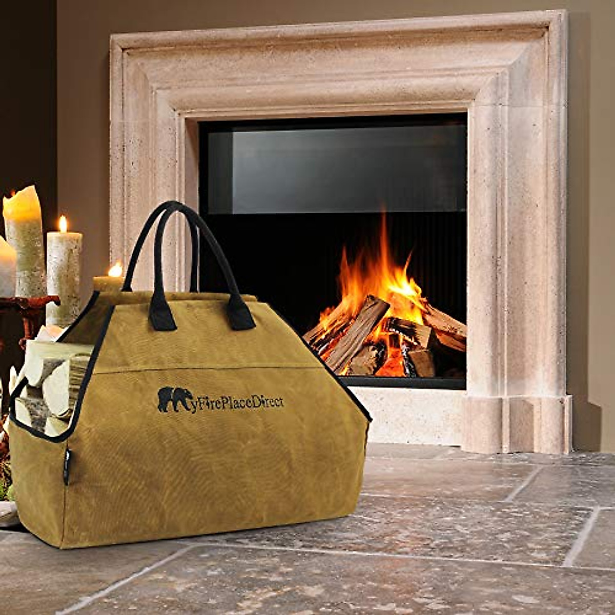 MyFirePlaceDirect Heavy Duty Waxed Canvas Log Carrier Tote Bag with Unique Embroidered Logo, Extra Large Durable Firewood Holder with Strong Comfort Handle, Heavy Duty Wood Carrying Bag Rust