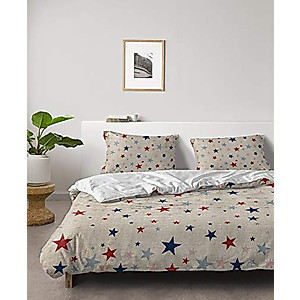 Vintage Stars on Beige Linen Duvet Cover Set Cali King,4 Pieces Blue Red Star Independence Day Bed Sheet Sets Soft Comforter Cover with Flat Sheet 2 Pillow Shams for Man/Woman 4th of July