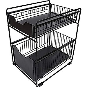 CBYJK Stackable 2-Tie Under Sink Cabinets Organizer With Sliding Storage Drawer, Under Sink, Pull Out Cabinets Organizer Shelf, Sliding Basket Organizer Drawer For Kitchen, Bathroom, Office, Black
