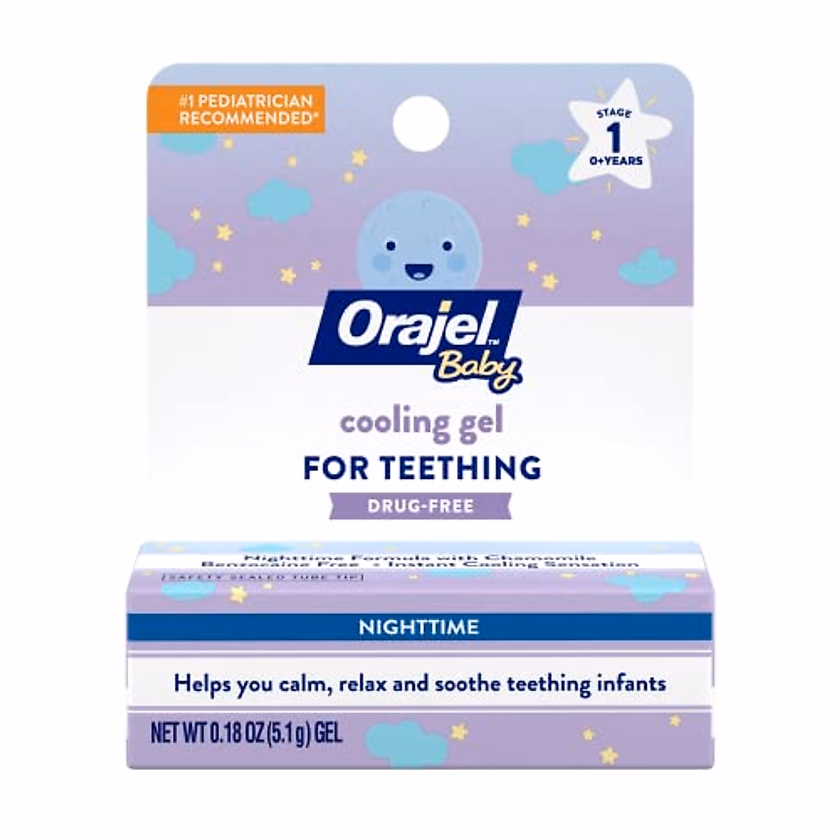 Orajel Baby Nighttime Cooling Gel for Teething, Drug-Free, 1 Pediatrician Recommended Brand for Teething, One .18oz Tube