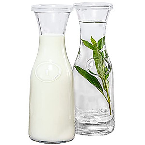 Estilo Glass Carafe With Lid - Wine Carafe with Lid, Juice Serving Carafe, Glass Water Or Wine Carafe- 1 Liter (2) W/Lids, Tall Narrow Neck Design, 33oz, Set of 2, Clear