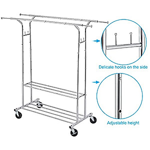 Tajsoon Heavy Duty Clothing Rack Extensible Double Rod with 2 Shelves, Rolling Clothes Rack with Wheels, Rolling Garment Racks for Hanging Clothes Load 250LBS, Collapsible Clothes Hanging Rack Chrome