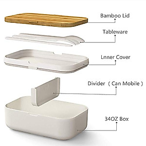 invvni Bento Box Adult for Lunch Box Bamboo Lunch Containers for Adults Leakproof, Airtight, Bpa Free, White