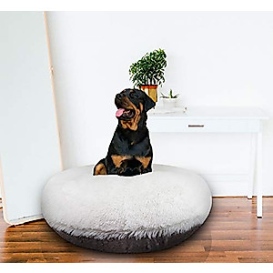 Bessie and Barnie Signature Serenity Grey/Snow White Luxury Shag Extra Plush Faux Fur Bagel Pet/Dog Bed (Multiple Sizes)