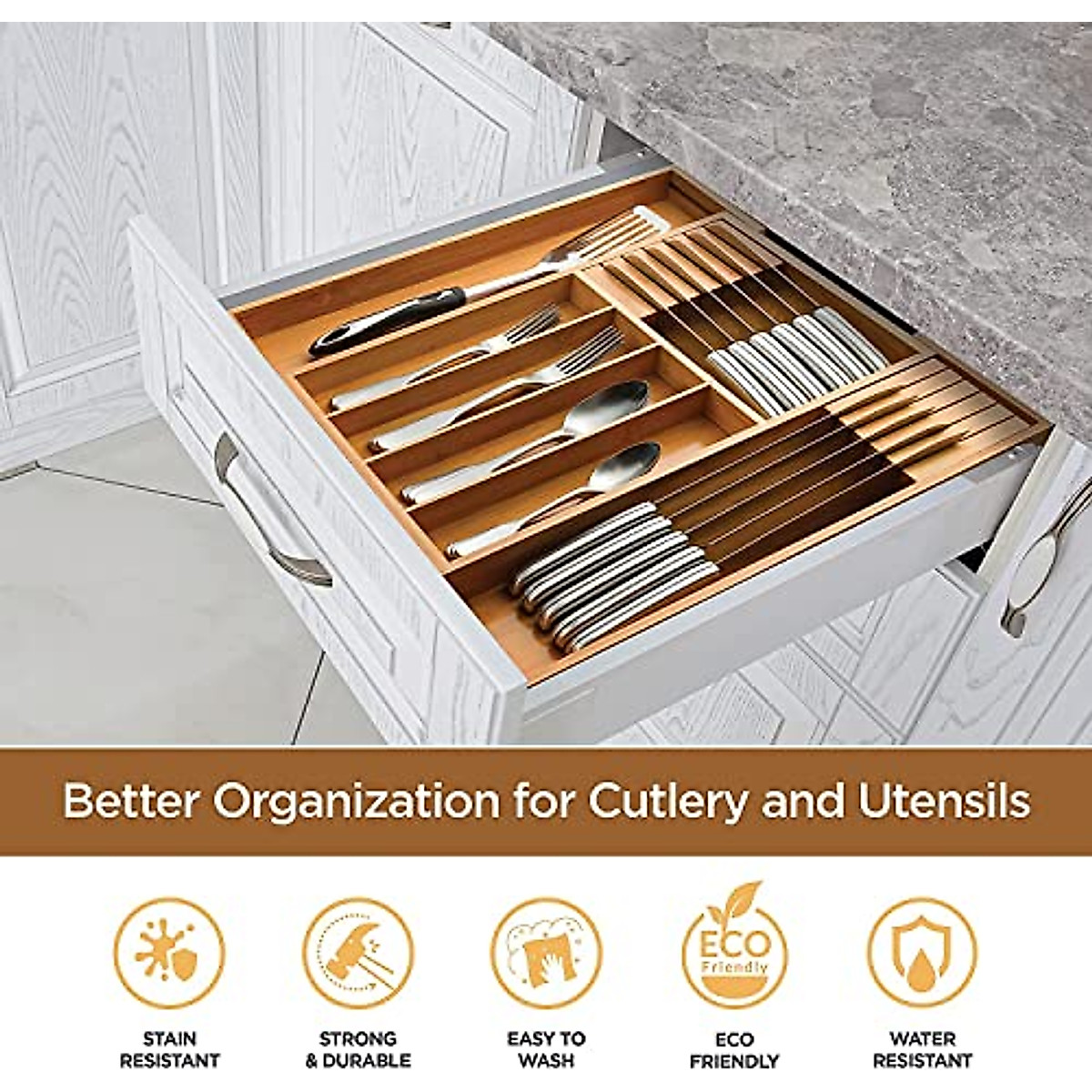 Utensil Organizer for Kitchen Drawers - Bamboo Silverware Organizer - Expandable Utensil Holder and Cutlery Tray with Divider and Removable Knife Block | 17” Long, Adjustable from 13” to 22.2”